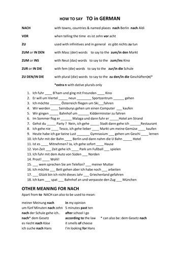 how to say TO in German | Teaching Resources