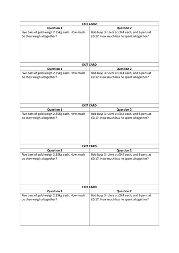Multiplying decimals exit cards | Teaching Resources