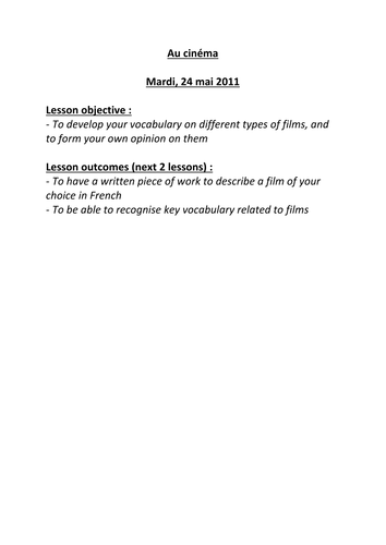 Au cinéma carousel lesson | Teaching Resources