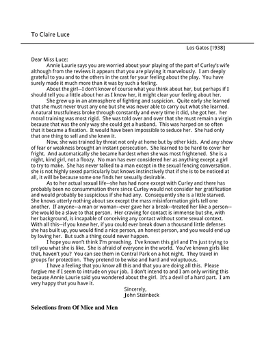 Of Mice and Men Steinbeck's Letter to Miss Luce | Teaching Resources