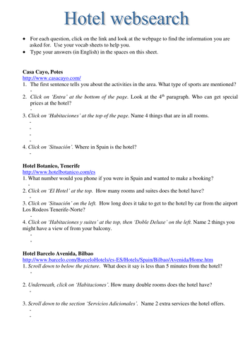 Hotel webquest - Spanish | Teaching Resources