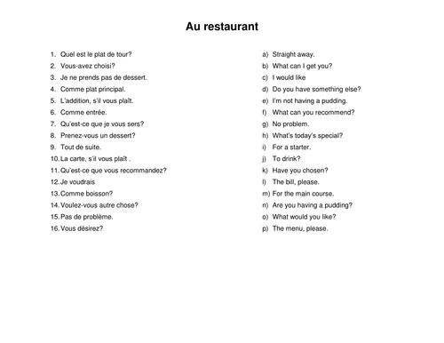 Au restaurant - reading task | Teaching Resources