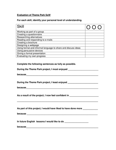 Evaluation of Theme Park project | Teaching Resources Evaluation of Theme Park project | Teaching Resources