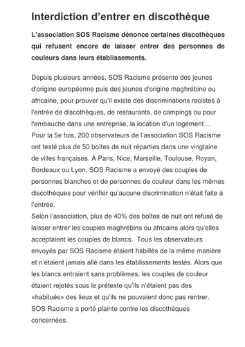 Article on racial discrimination & SOS Racisme | Teaching Resources