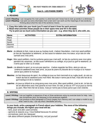 Level 3-4 reading & writing tasks - sports/hobbies | Teaching Resources