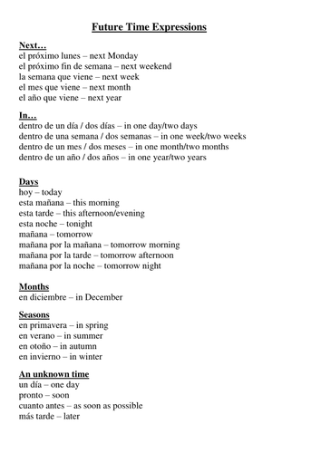Future time expressions - vocab sheet | Teaching Resources