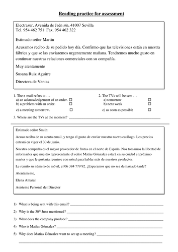 Reading practice for assessment - business Spanish | Teaching Resources
