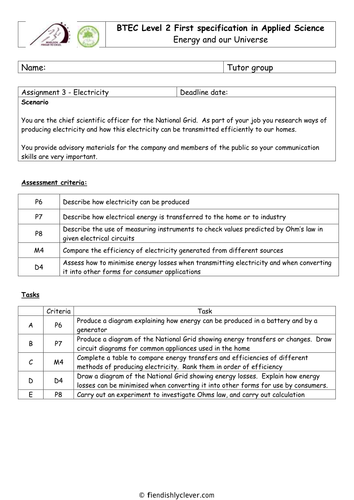 BTEC Physics: Assignment 3: Electricity | Teaching Resources