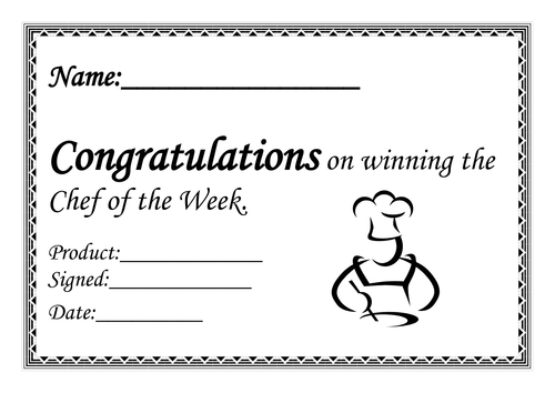 Chef of the Week certificate. | Teaching Resources