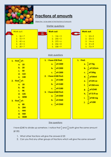 Fractions of Amounts Worksheet | Teaching Resources