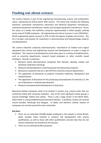 Careers in the Science Industry: Factsheet | Teaching Resources