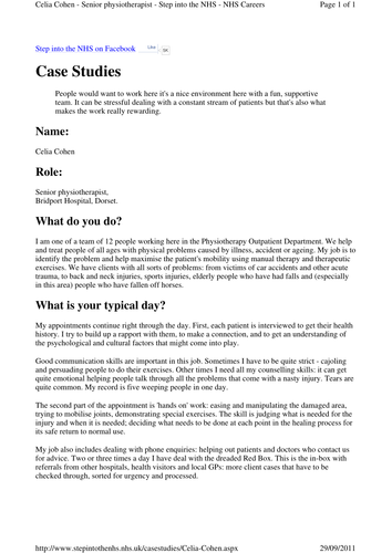 NHS Careers: Senior Physiotherapist - Case Study | Teaching Resources