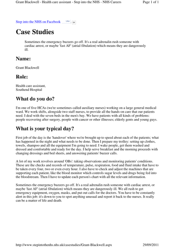 NHS Careers: Health care assistant - Case Study | Teaching Resources