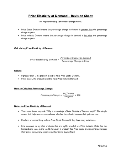 Price Elasticity of Demand - Calculations Sheet | Teaching Resources