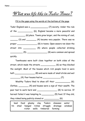 Tudor times fill in the gaps cloze activity | Teaching Resources