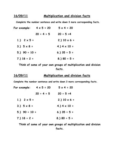 Multiplication and division facts | Teaching Resources Multiplication and division facts | Teaching Resources