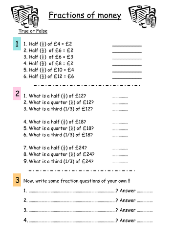 Fractions of money worksheet | Teaching Resources