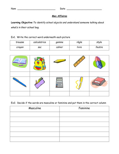 French Worksheet: My Stuff | Teaching Resources
