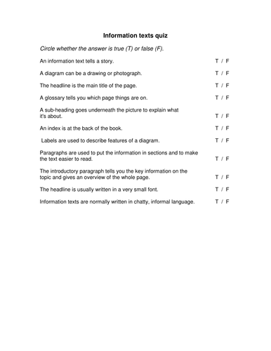 Information texts quiz | Teaching Resources