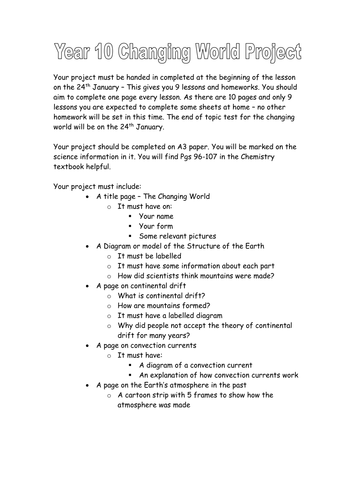 Changing world project sheet | Teaching Resources