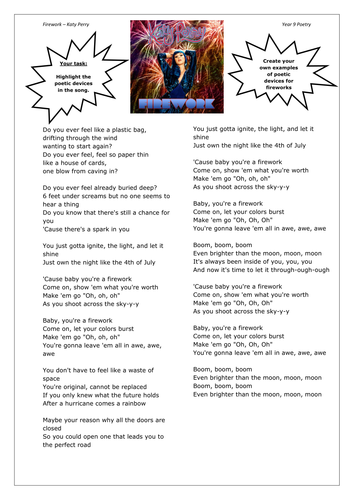 Firework by Katy Perry - finding poetic devices | Teaching Resources