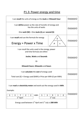 AQA P1.3 Power, energy and time summary sheet | Teaching Resources