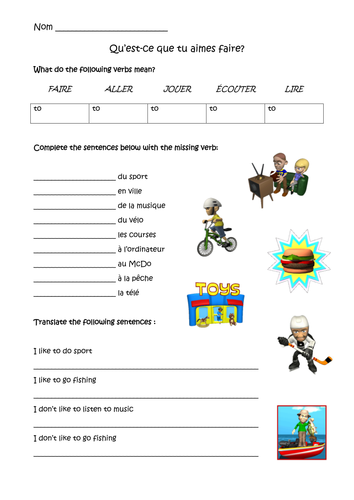 Qu'est-ce que tu aimes faire? - WORKSHEET | Teaching Resources