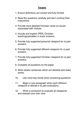Marking Targets for OCR short course RE | Teaching Resources