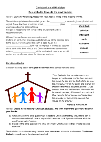 Religion and the Environment Worksheet | Teaching Resources