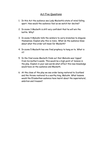 Macbeth Act 5 Questions Worksheet for Students | Teaching Resources