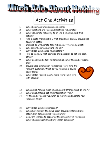 Much Ado About Nothing: Act 1 Questions Worksheet | Teaching Resources