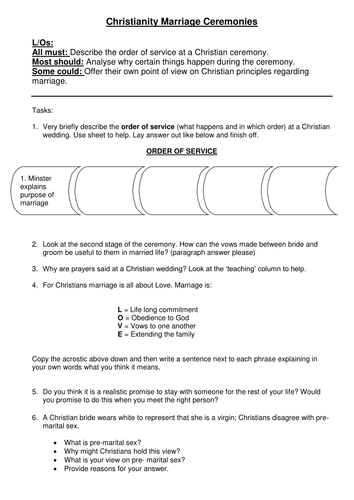 Christian Marriage Ceremonies: Tasks | Teaching Resources