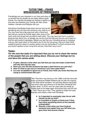 Friendship breakdowns - PSHEE tasks | Teaching Resources Friendship breakdowns - PSHEE tasks | Teaching Resources