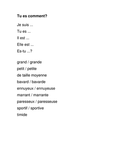 Metro 1 - Tu es comment? Key phrases | Teaching Resources