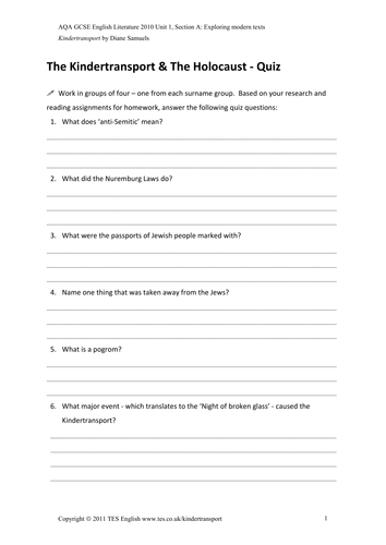 The Kindertransport and The Holocaust – Quiz | Teaching Resources