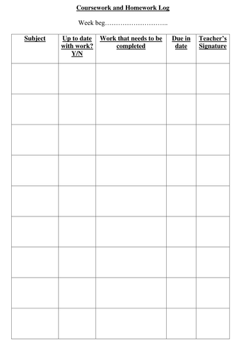 Homework log for student/staff use | Teaching Resources