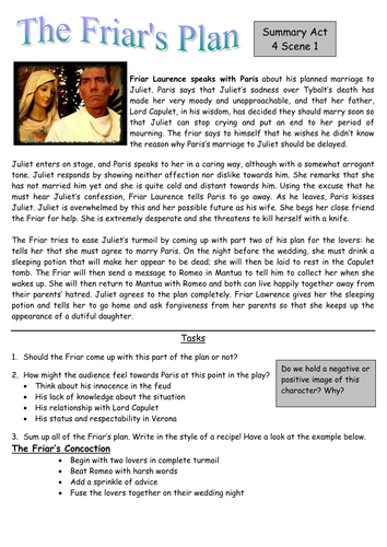 Romeo & Juliet: The Friar's Plan Worksheet Task | Teaching Resources