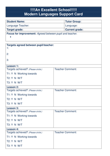 Pupil Support Card aka 'On Report' | Teaching Resources
