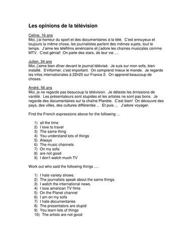 Les opinions de la télévision reading task | Teaching Resources