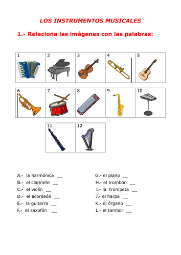 Instrumentos musicales - sopa de letras y anagrama | Teaching Resources
