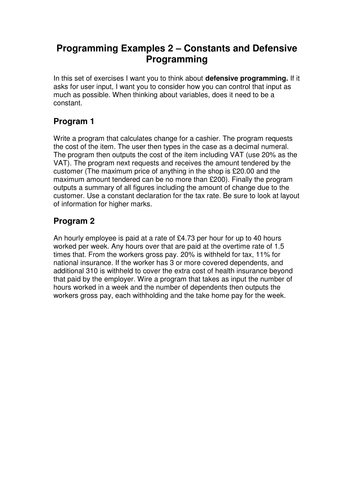 Programming Exercise Sheets | Teaching Resources