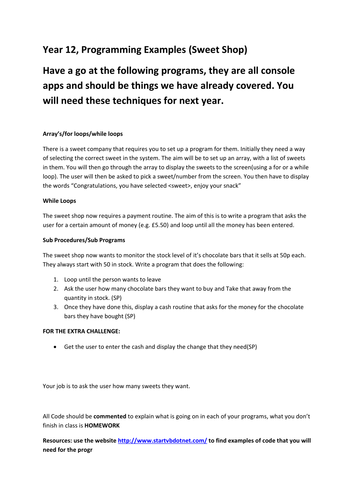 Programming Exercise Sheets | Teaching Resources