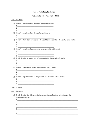 End of Topic Test; Parliament | Teaching Resources