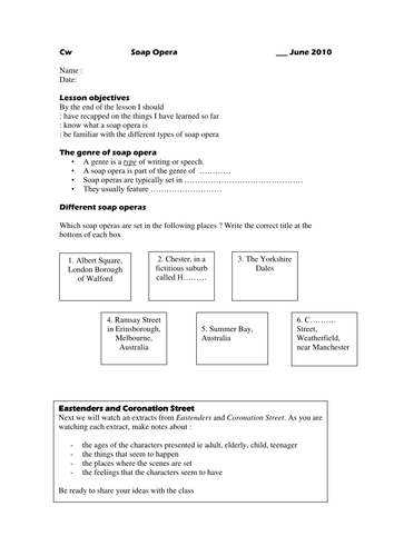 Soap Opera genre sort worksheet | Teaching Resources