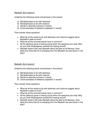 Macbeth: Act 3 scene 2 Questions Worksheet | Teaching Resources