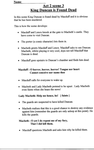 Macbeth: Tasks to Analyse Duncan's Death | Teaching Resources