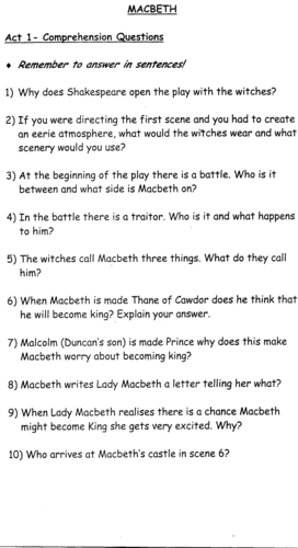 Macbeth: Act One Comprehension Questions | Teaching Resources