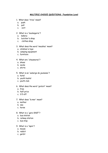 Revision - Multiple Choice Questions (F) | Teaching Resources