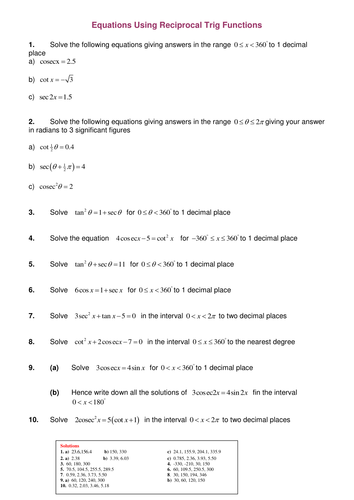 A Level Maths Reciprocal Trig Functions Worksheet By Srwhitehouse Teaching Resources Tes