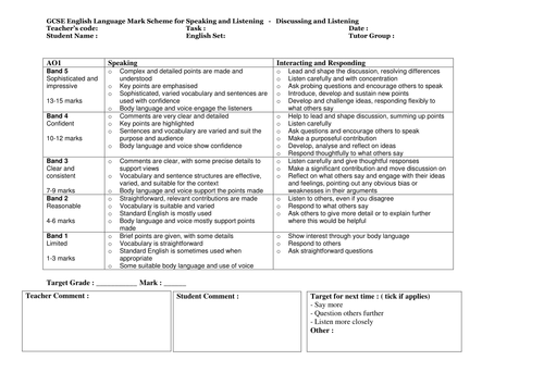 NEW - Speaking and Listening Assessment grid | Teaching Resources